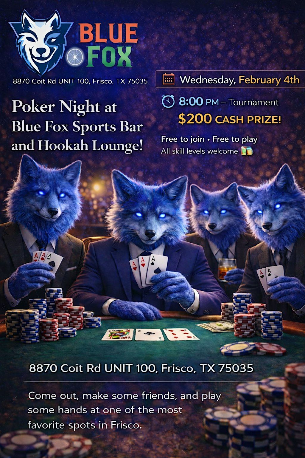 Free to play - Poker Night at Blue Fox Sports Bar and Hookah Lounge ...