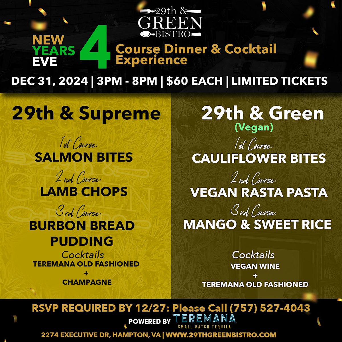 New Years Eve 4 Course Dinner & Cocktail Experience, 29th and Green ...