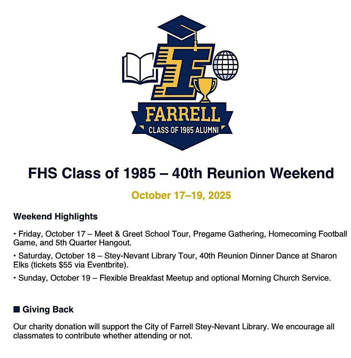 Farrell High School Class of 1985 – 40th Reunion Weekend, Sharon Elks ...