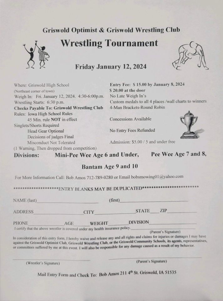 Griswold Optimist And Griswold Wrestling Club Tournament Griswold High School January 12 2024
