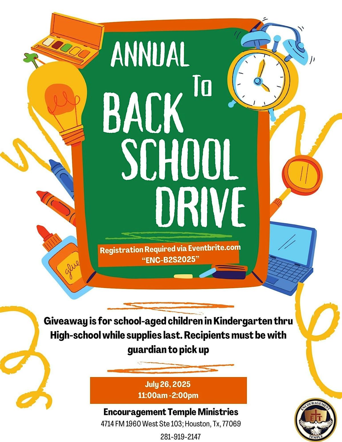 Encouragement Temple Back 2 School Supply Giveaway- #ENC-B2S2025, 4714 Farm to Market 1960 Rd W ...