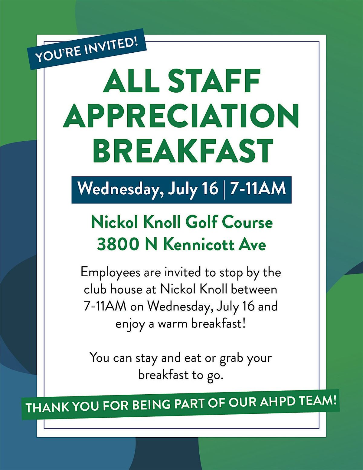 ALL STAFF APPRECIATION BREAKFAST, Nickol Knoll Golf Club, Arlington ...