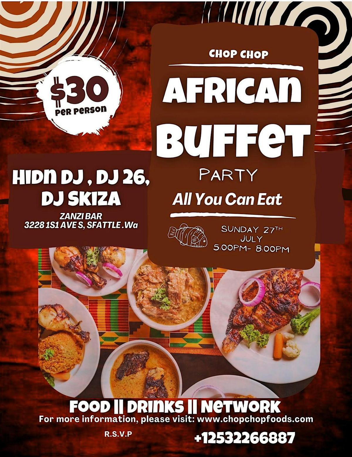 African Buffet Party (All You Can Eat), ZANZI BAR, Seattle, 27 July ...