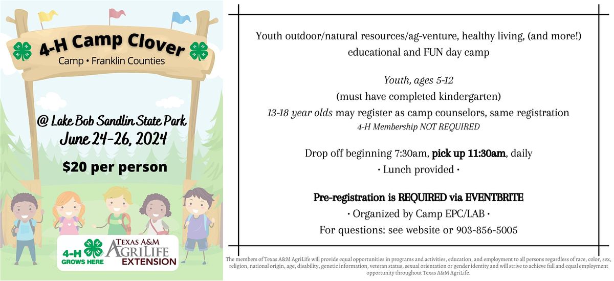 2025 4-H Camp Clover, Lake Bob Sandlin State Park, Pittsburg, 23 June ...