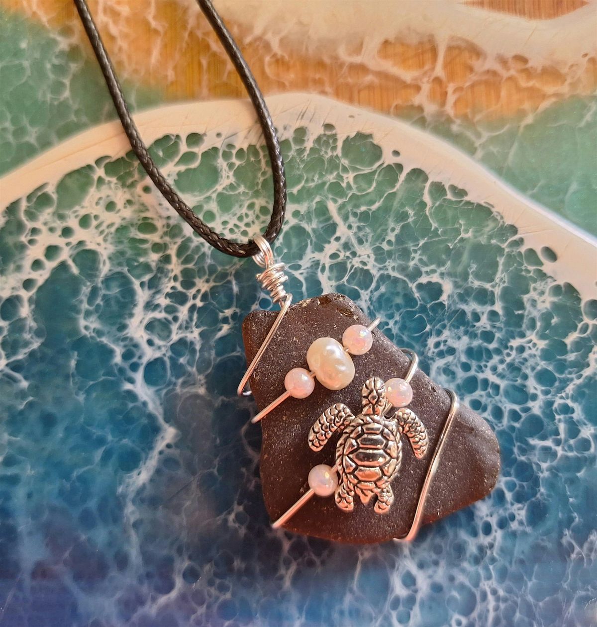 Sea Glass Wire Wrap Necklaces with Sea Turtle Charm, Barrier Island ...