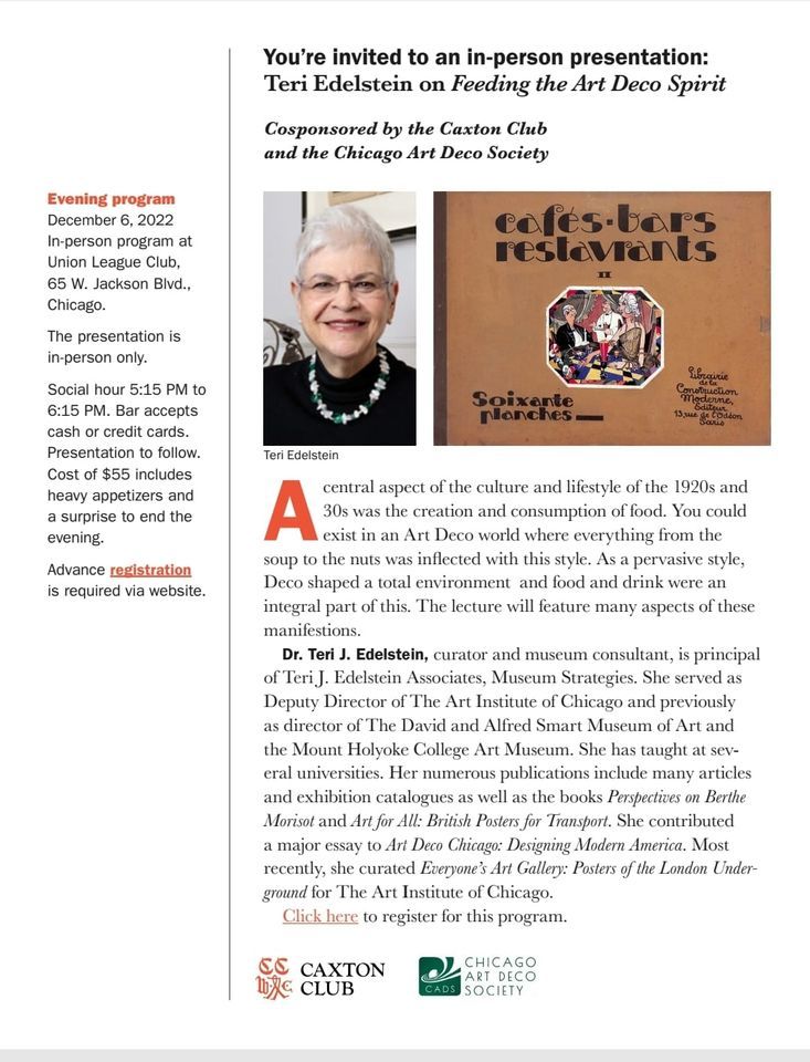 Cafés, Bars, Restaurants a talk with Teri Edelstein. 6:15 PM CST, Union ...