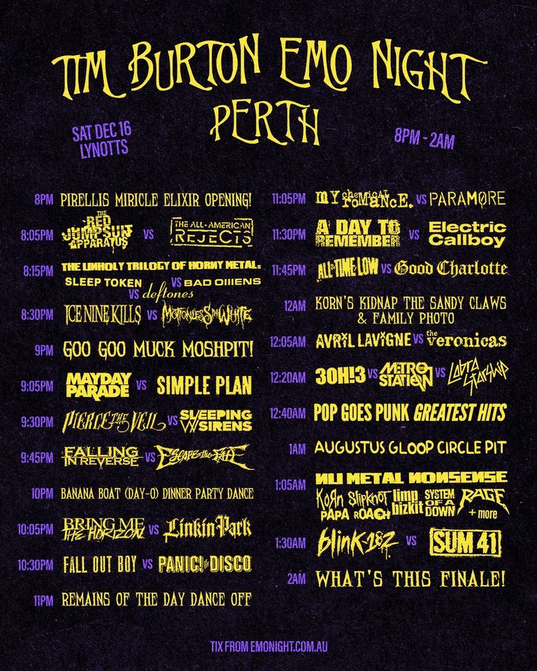 Tim Burton Emo Night - Perth, Lynott's Lounge, Orange Grove, 16 ...