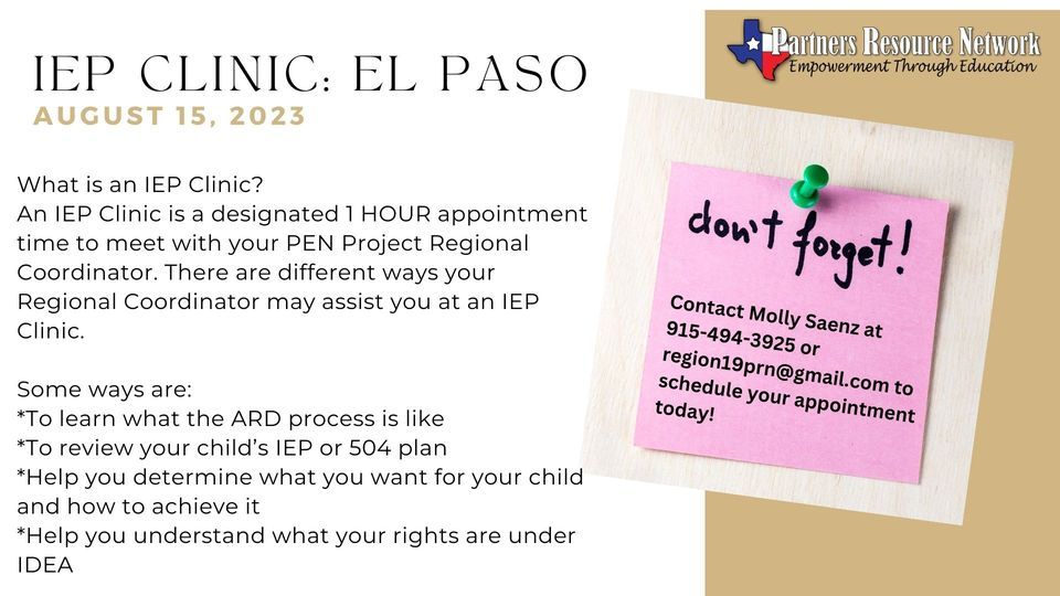 IEP Clinic - Region 19 El Paso, El Paso Texas, 15 August 2023 | AllEvents