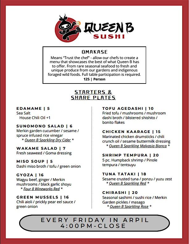 Queen B Sushi Night, Queen B Vinyl Café, Cottonwood, 3 April to 24 ...