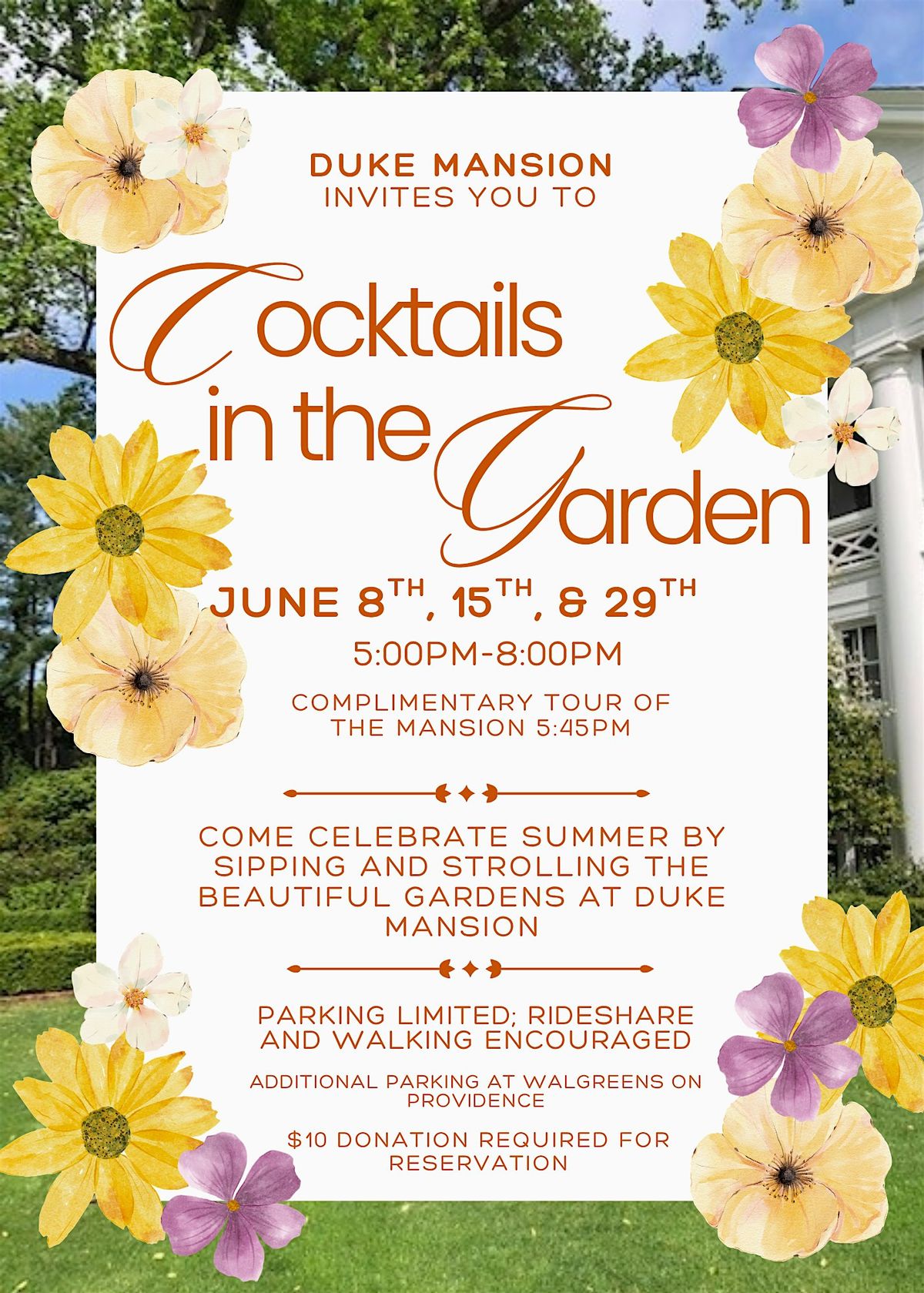 June Cocktails in the Garden, The Duke Mansion, Charlotte, 8 June to 29 ...