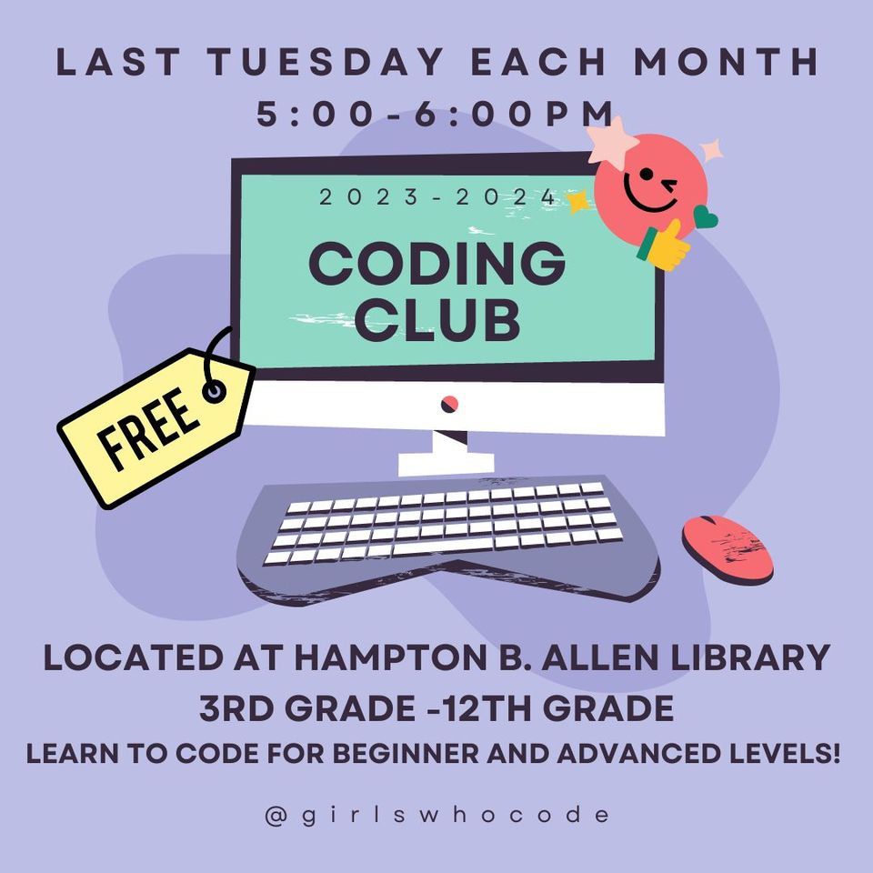 Girls Who Code Coding Club Meeting Hampton B Allen Library