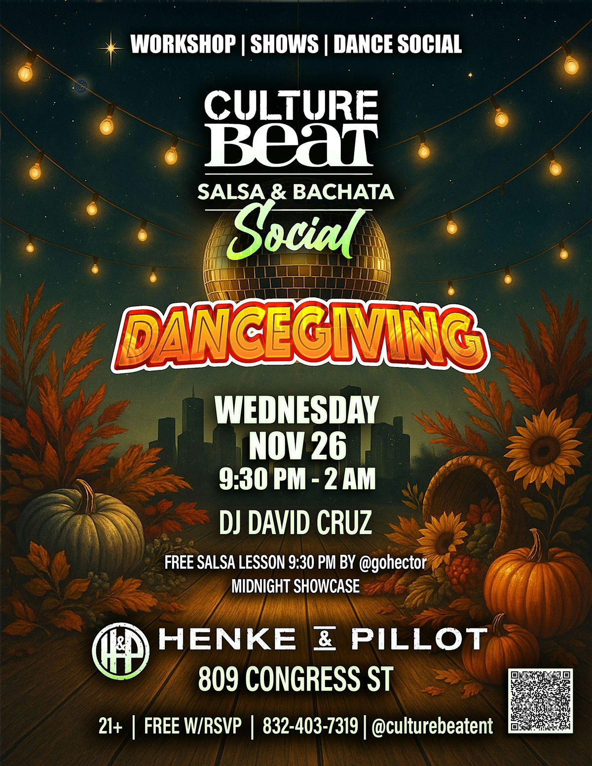 CULTURE BEAT Salsa & Bachata DANCEGIVING Social @ Henke | WED NOV26, Henke & Pillot, Houston, 26 ...