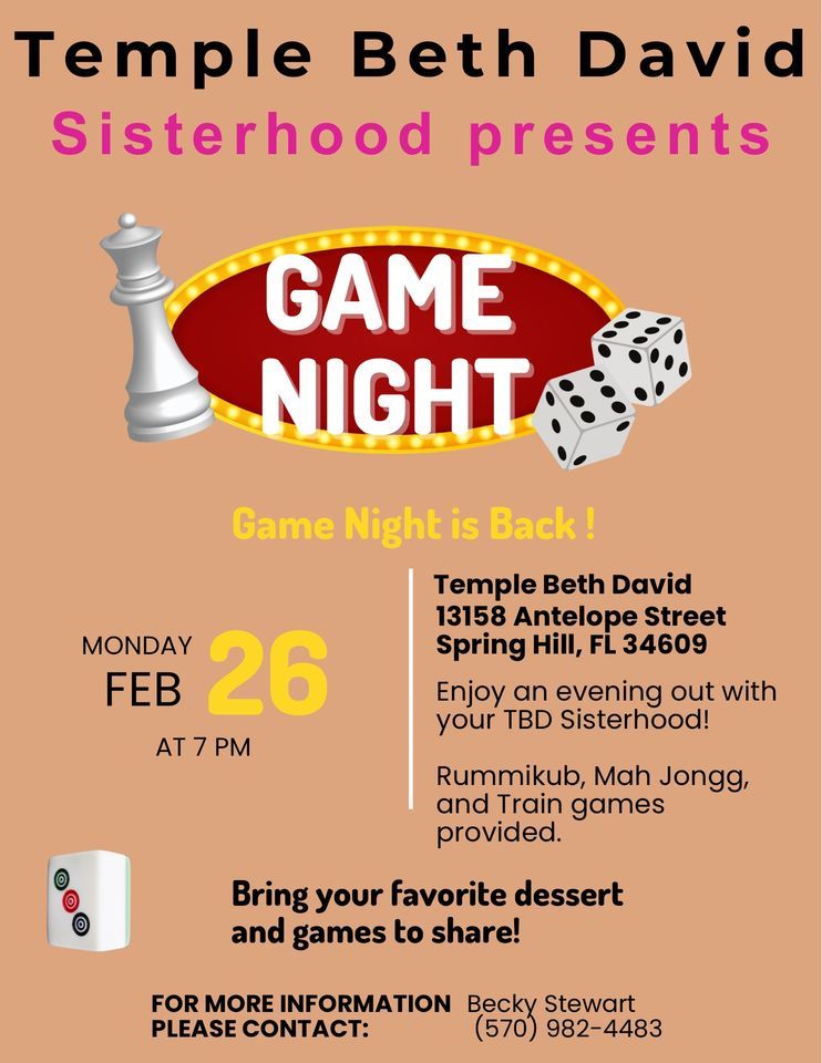 TBD Sisterhood Game Night, Temple Beth David, Spring Hill, February 26 ...