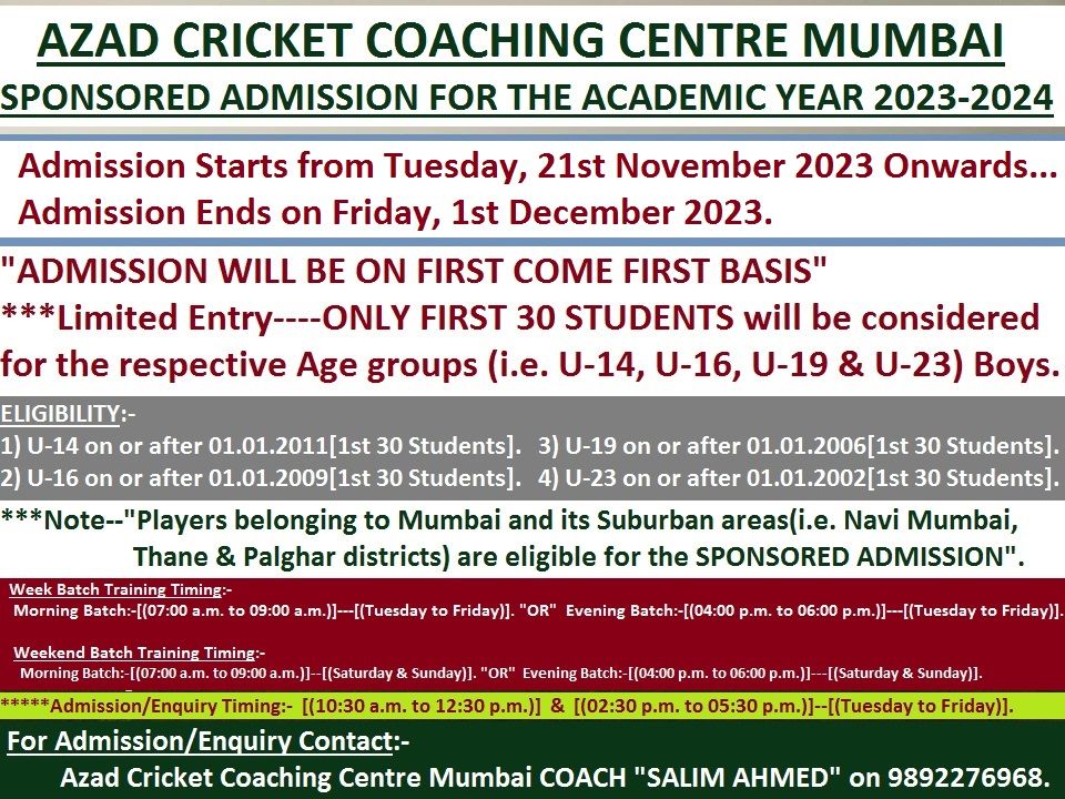 AZAD CRICKET COACHING CENTRE MUMBAI--SPONSORED ADMISSION FOR THE ...