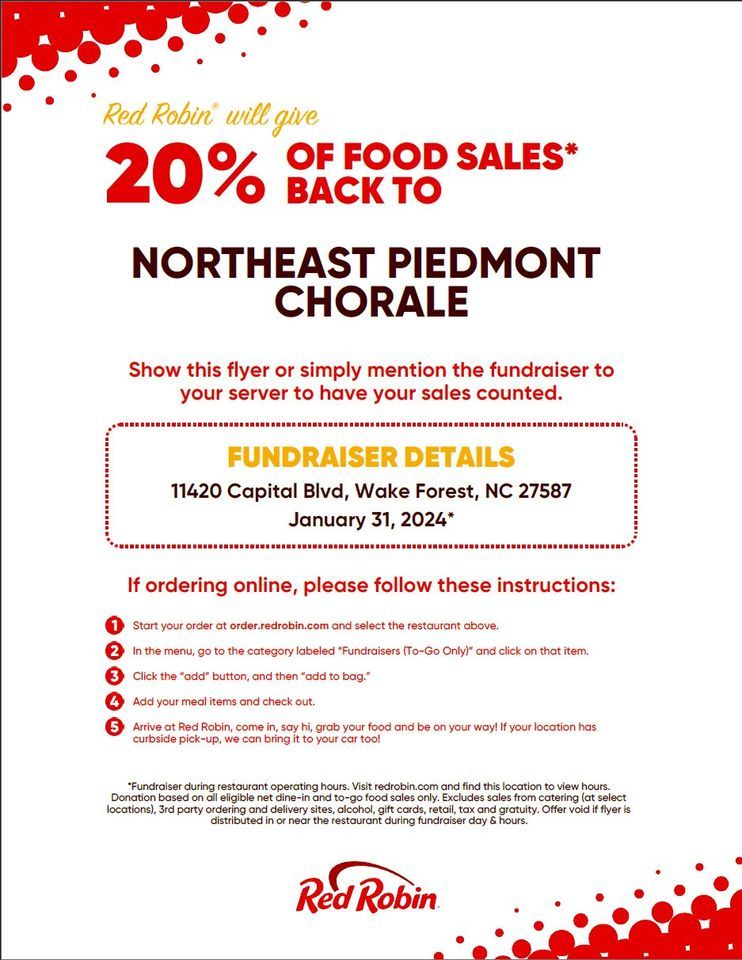 Northeast Piedmont Choral Red Robin Fundraiser, Red Robin Gourmet ...