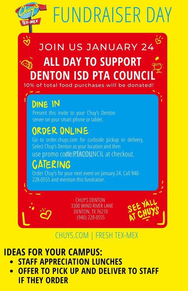 Support Denton ISD PTAs at Chuys Denton! , Chuy's (Denton, TX), 24 ... Support Denton ISD PTAs at Chuys Denton! , Chuy's (Denton, TX), 24 ...