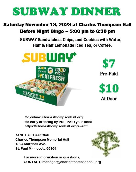Subway Dinner, Charles Thompson Hall, Saint Paul, 18 November 2023 ...