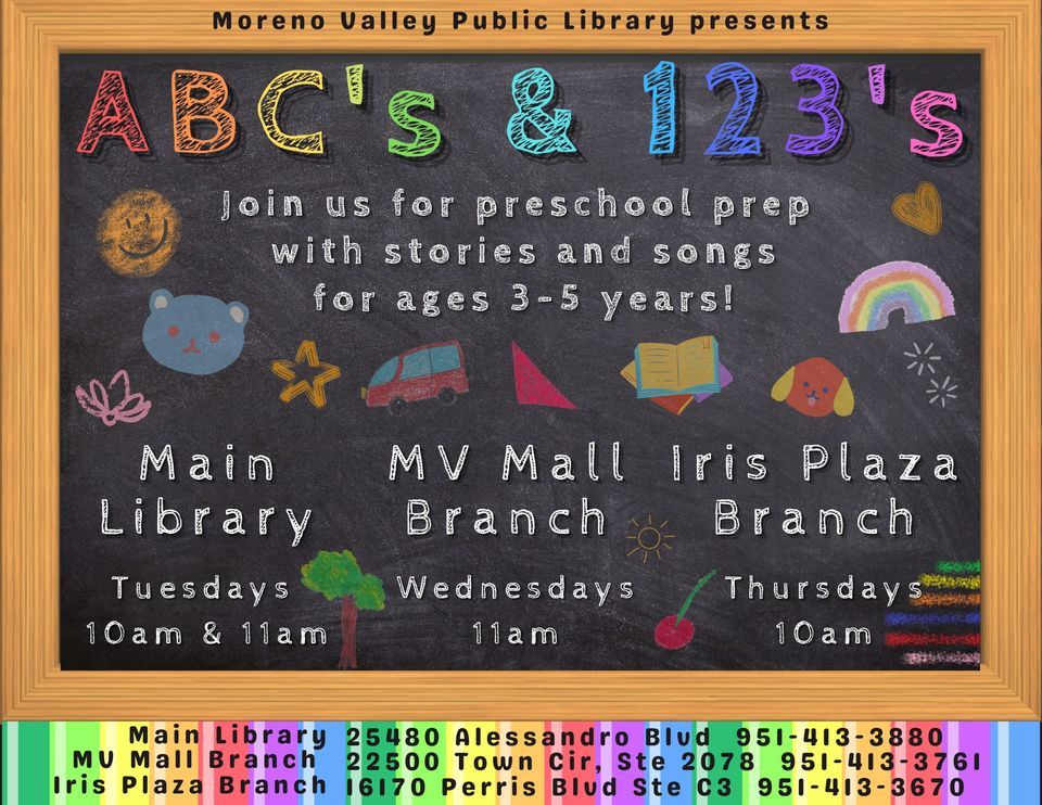 ABCs & 123s @ Iris Plaza Branch Library, 16170 Perris Blvd Ste C3 ...